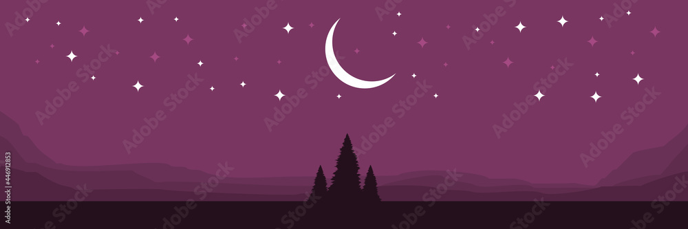 crescent moonrise with pine tree silhouette vector illustration for web ...