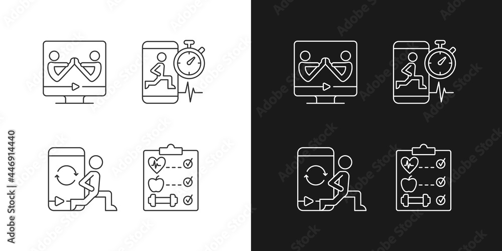 Online fitness wellness programs linear icons set for dark and light ...
