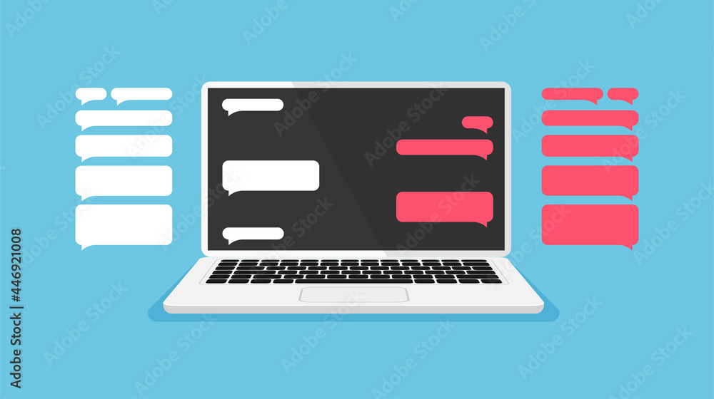 Laptop with blank dialog boxes on screen. Empty templates messaging ...