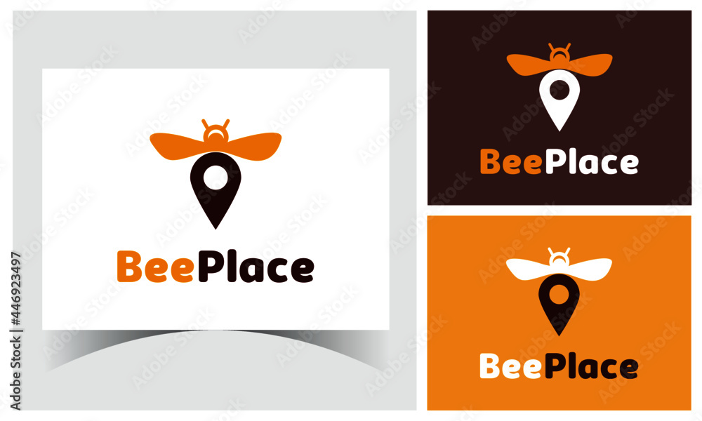 Bee Place Logo Design Template. Honey bee logo with pin concept. Bee ...