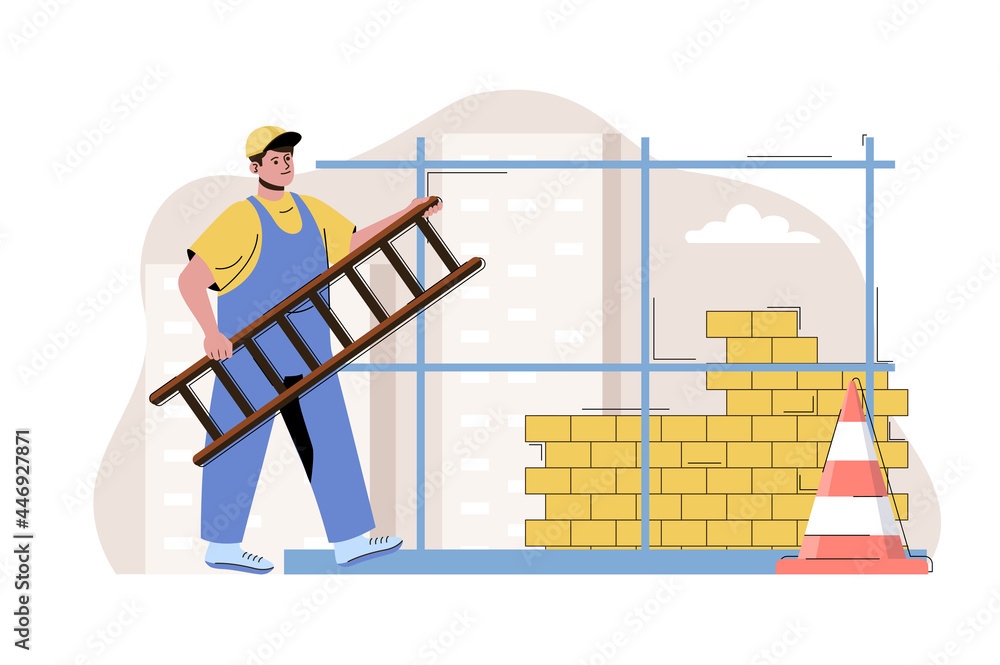 Urban construction concept. Man building brick wall, builder construct ...