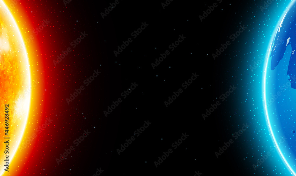 Panoramic view of the Earth, sun, star in galaxy. Vector sun star and ...