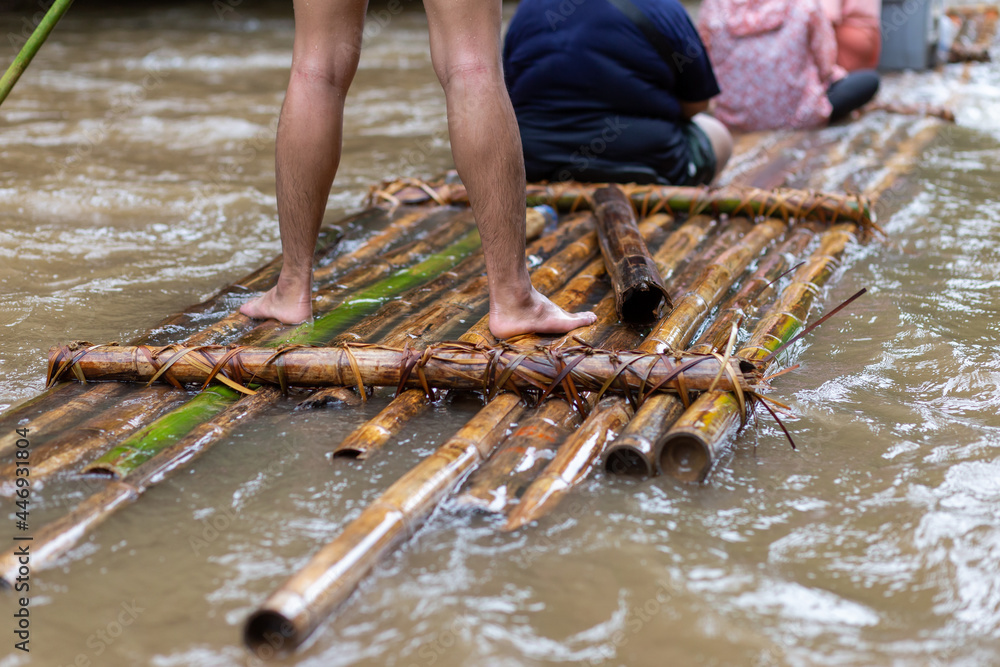 bamboo raft in the river Transportation of rural villagers in the ...