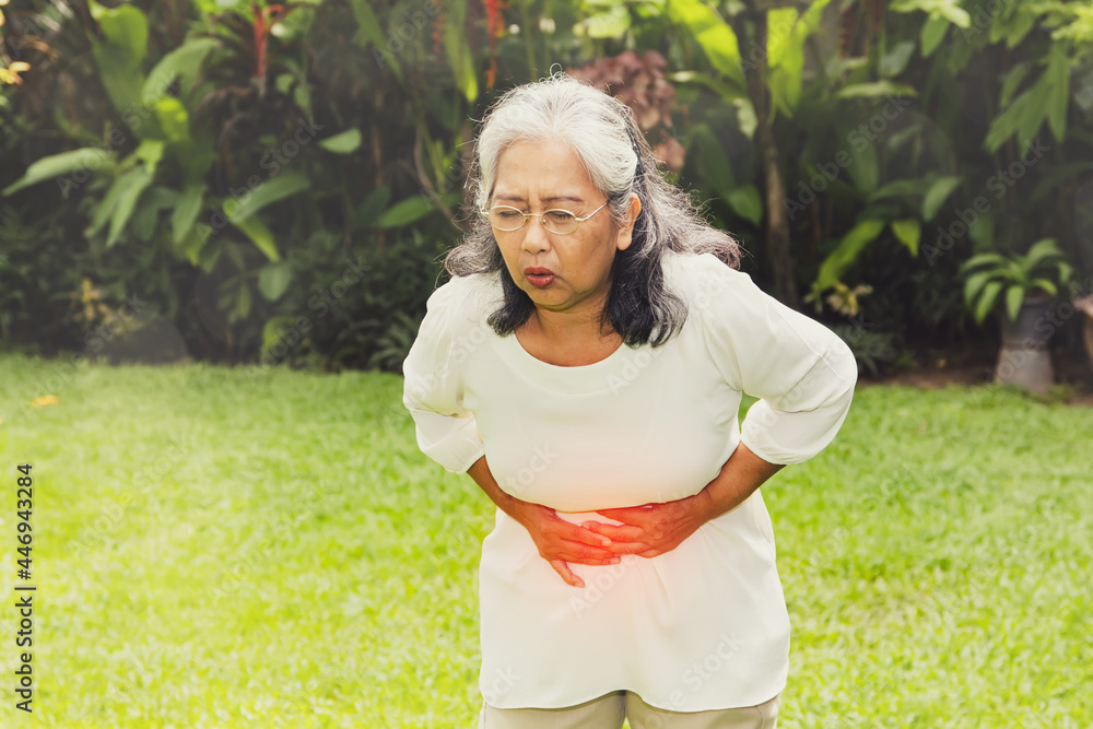 Elderly Asian woman has gastrointestinal problems, walking, abdominal ...