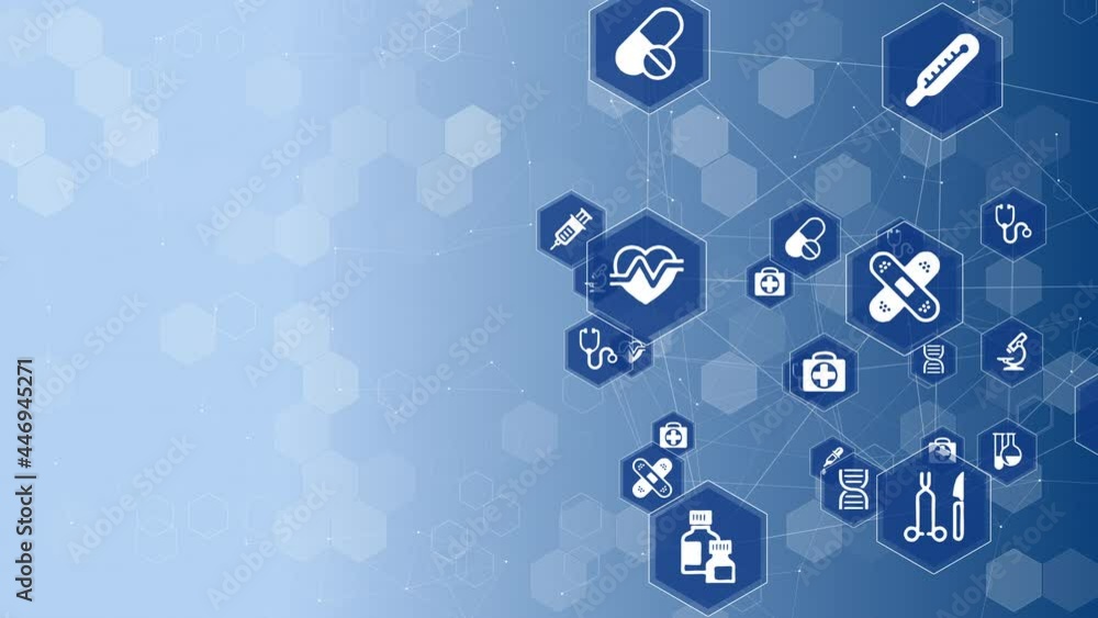 Medical symbols and hexagons on the light blue background with negative ...
