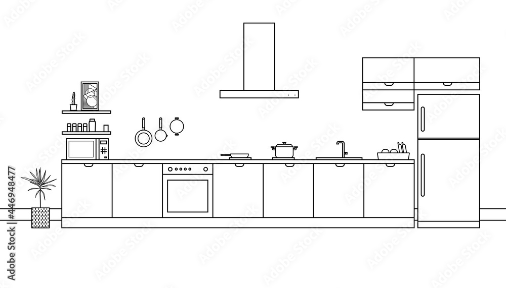 Kitchen room line art design on white background. Vector illustration ...