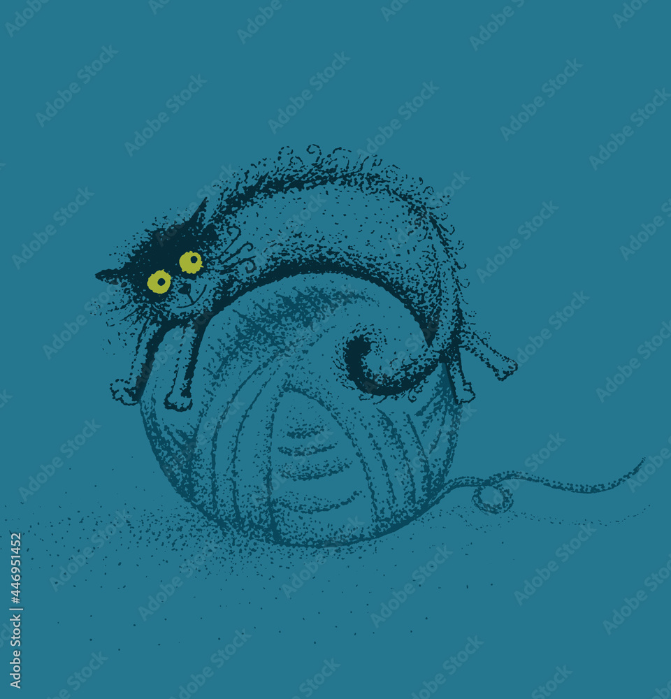 Whimsical pen and ink illustration of funny cat with giant yarn ball ...