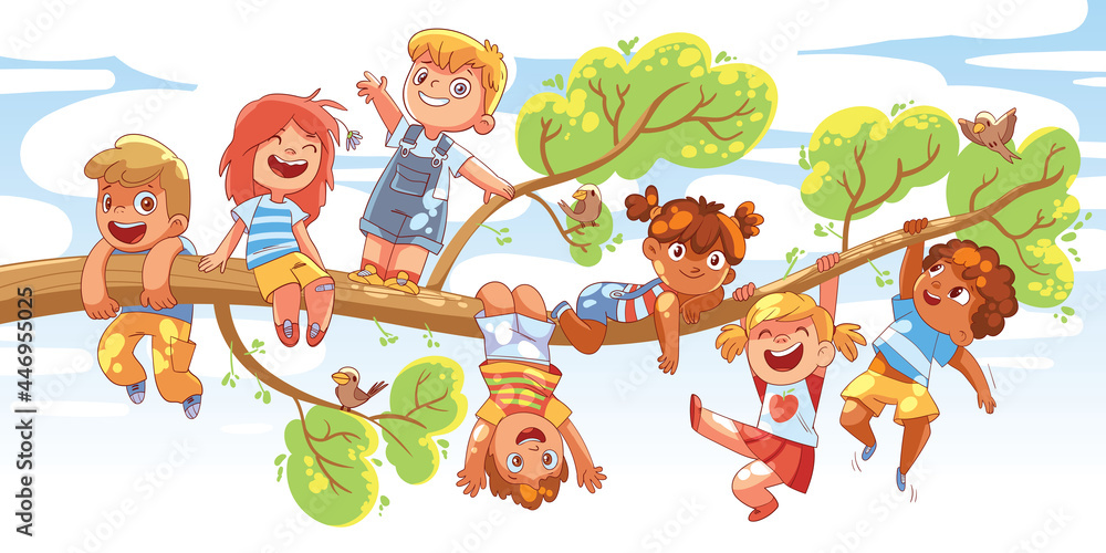 Children hung on a tree branch on sunny day. Colorful cartoon ...