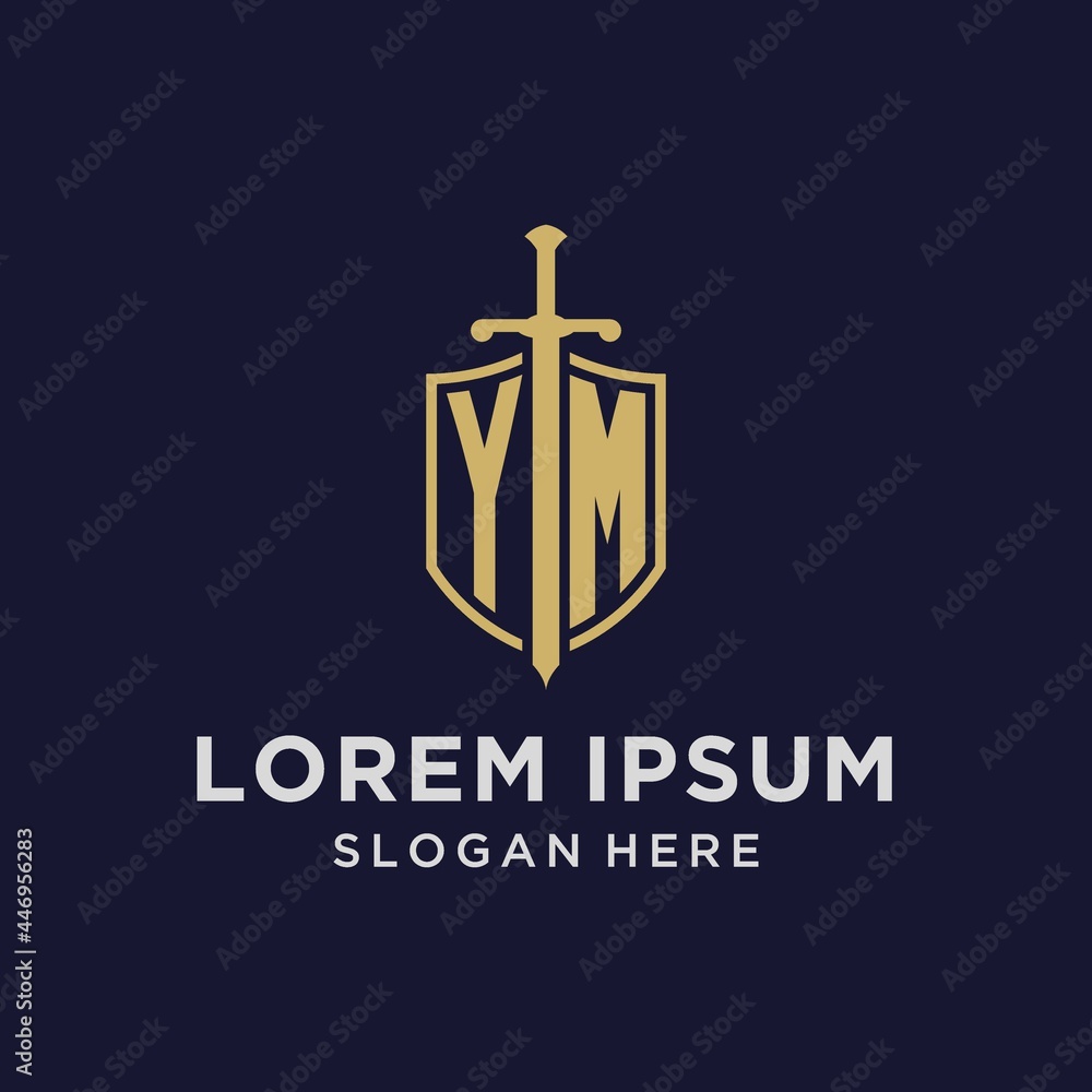 YM logo initial monogram with shield and sword design Stock Vector ...