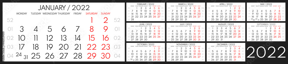 2022 full year monthly office planner or wall calendar horizontal grid ...