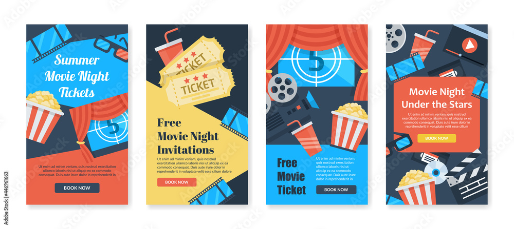 Collection of cartoon movie banners vector flat illustration vertical ...
