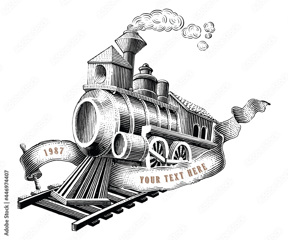 The old train logo design hand draw vintage engraving style black and ...