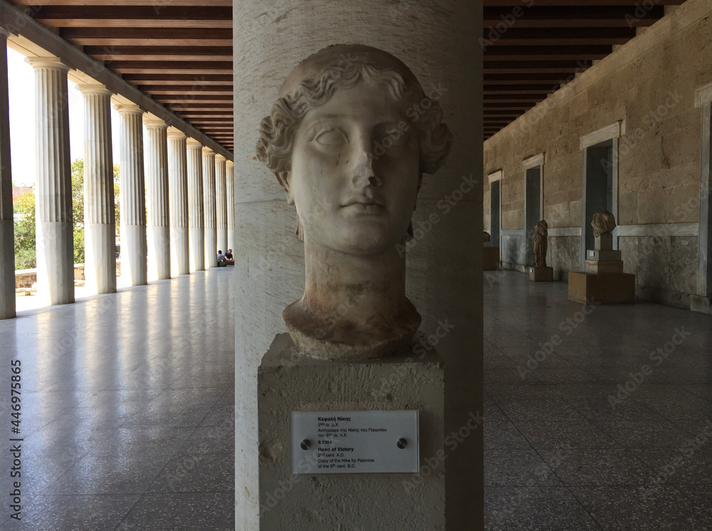 Head of Victory (Nike) inside the Stoa of Attalos, a stoa (covered ...