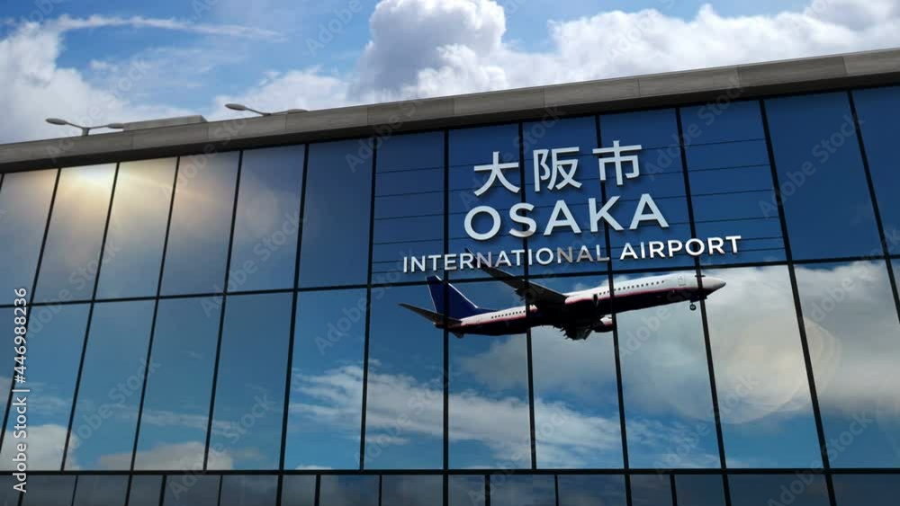 Jet aircraft landing at Osaka, Japan 3D rendering animation. Arrival in ...