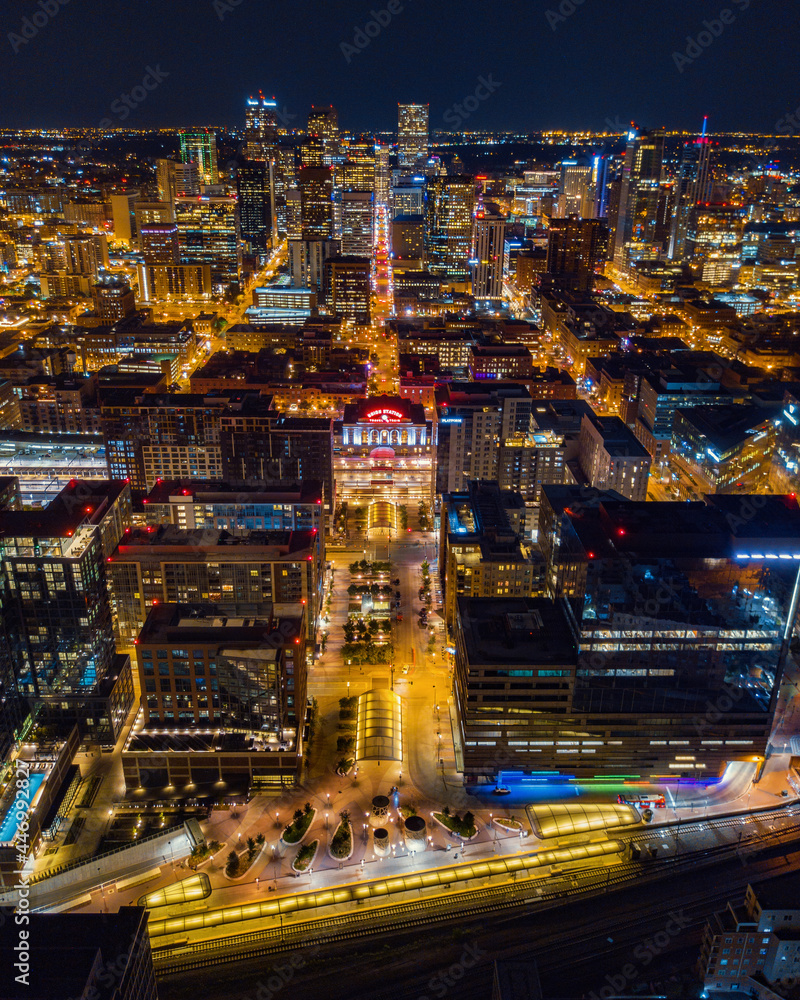 amazing aerial capture of union station in downtown denver at night ...