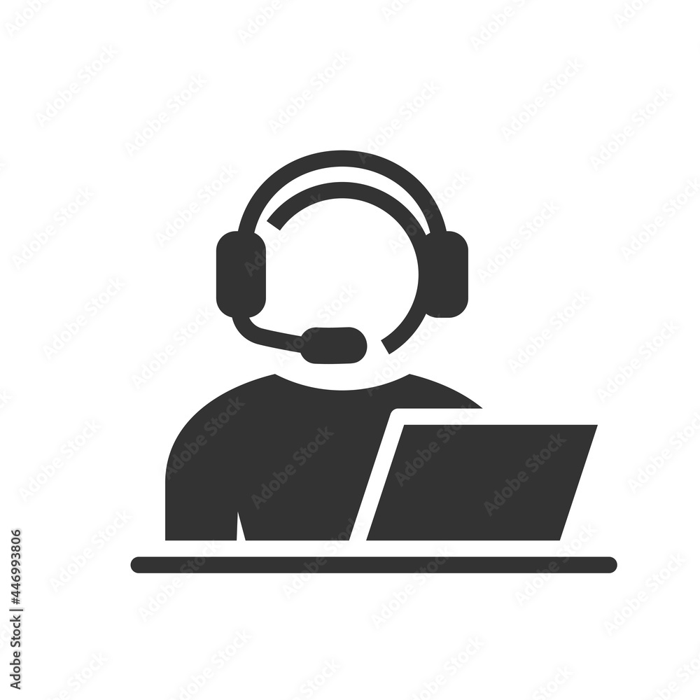 Man working on laptop icon. Online consultant, operator. Communicates ...