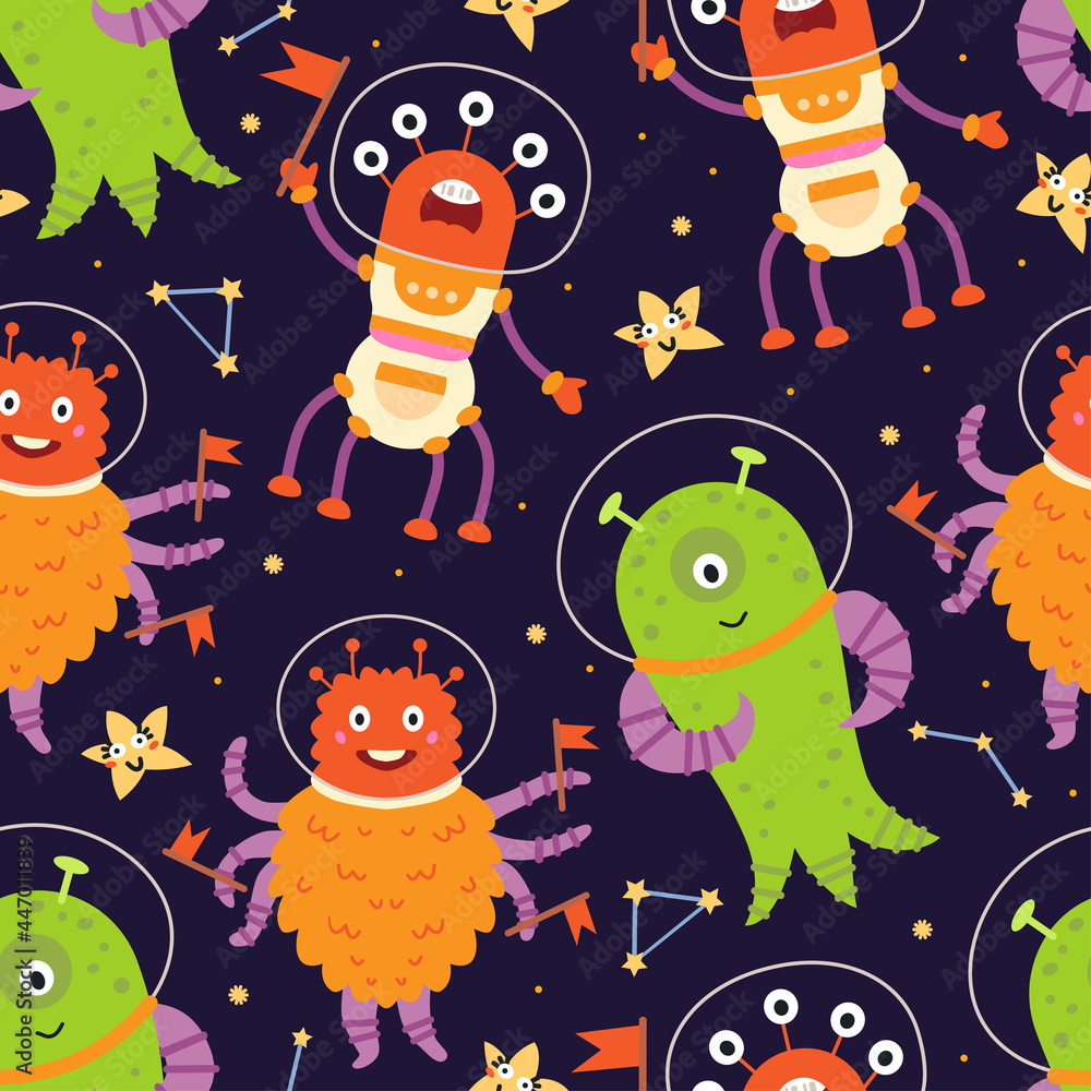 Space alien astronaut seamless pattern in cartoon style. Vector design ...