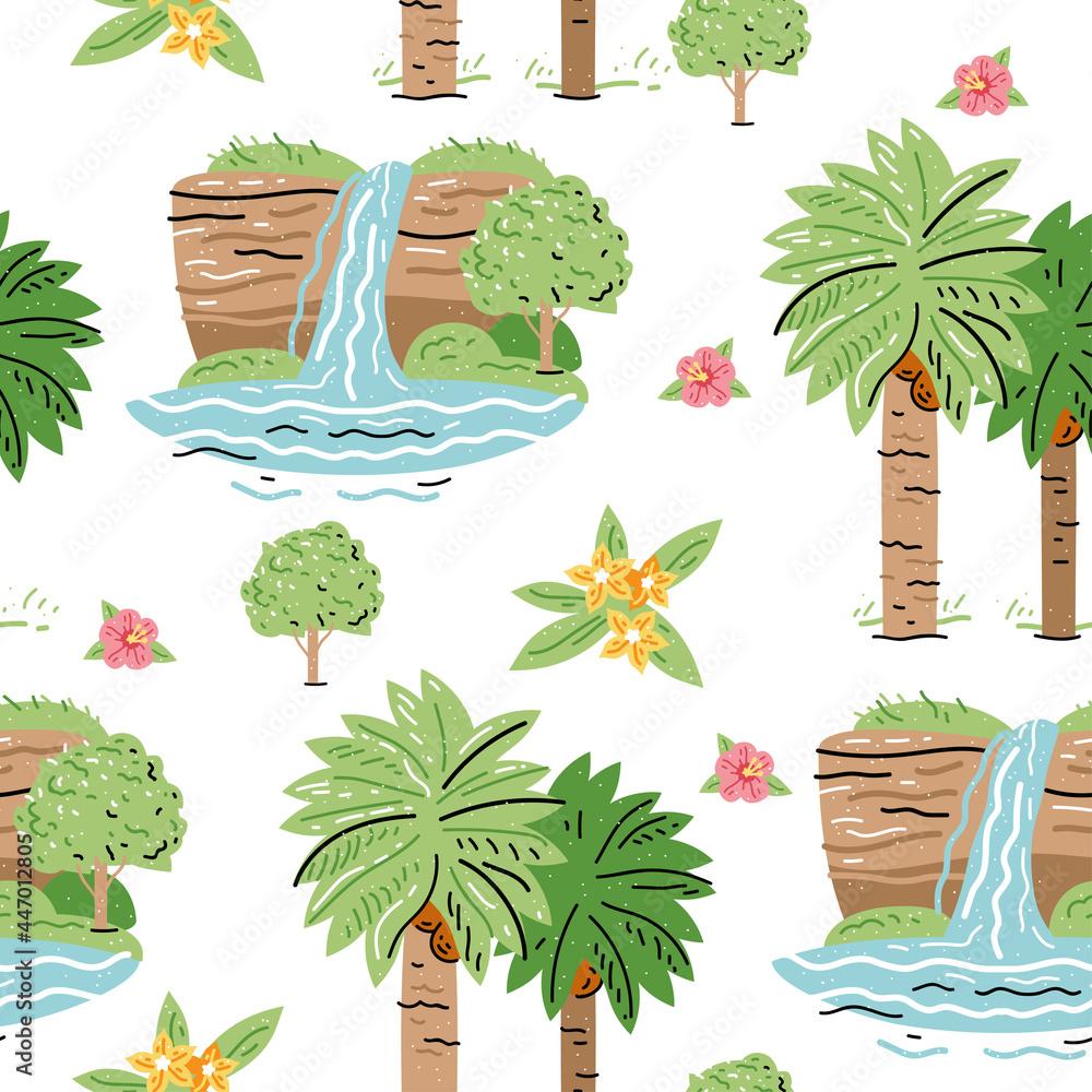Beautiful hand drawn illustration with tropical island landscape ...
