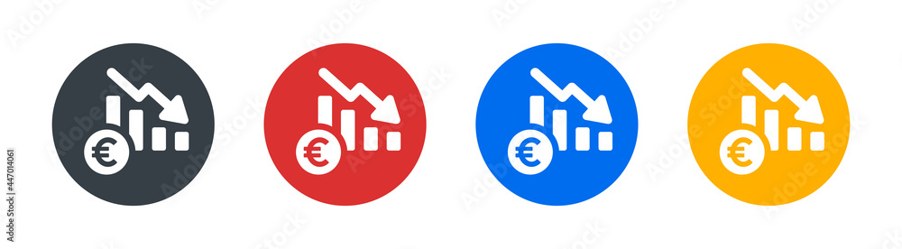 Chart of euro with decreasing arrow icon. Financial crisis, asset ...
