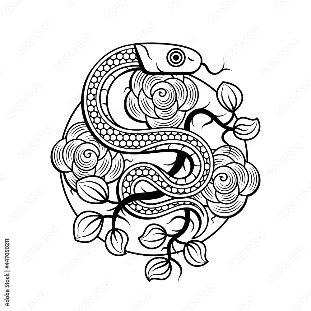 Snakes and flowers. Tattoo art, coloring books. Hand drawn vintage ...