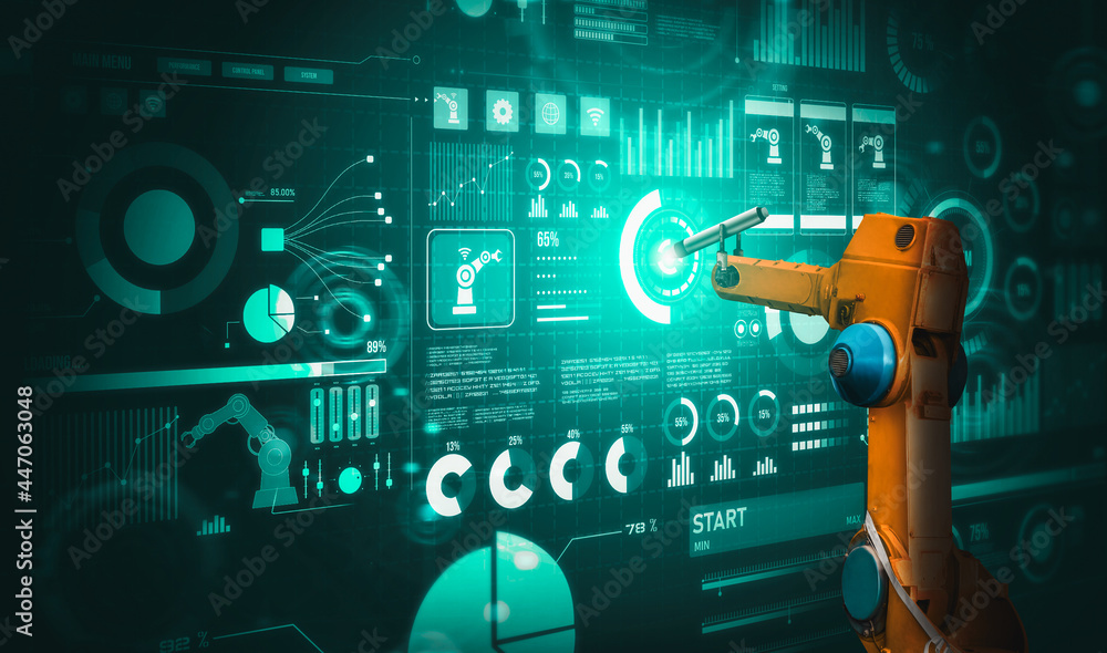 Robot arm AI analyzing mathematics for mechanized industry problem ...