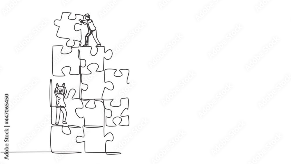 Self drawing animation of one single line draw two young businessman ...