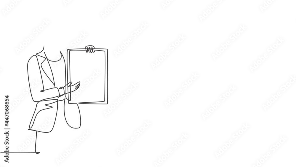 Self drawing animation of single line draw female presenter presenting ...