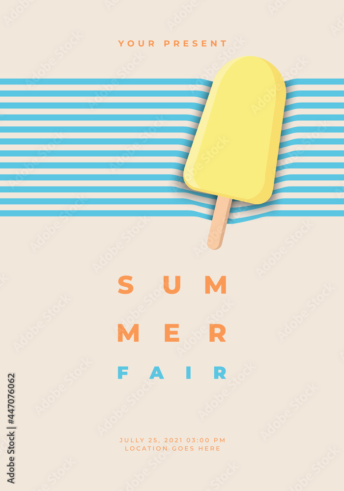 summer minimalist poster design with ice cream of summer and blue line ...