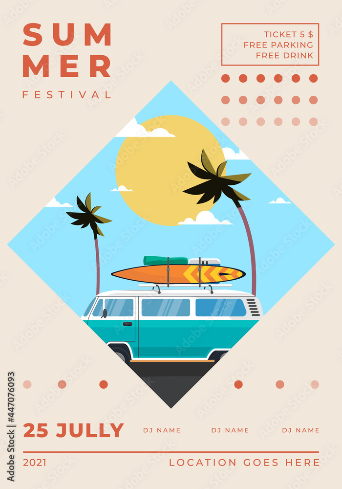 summer minimalist poster design with vintage van on the beach. good for ...