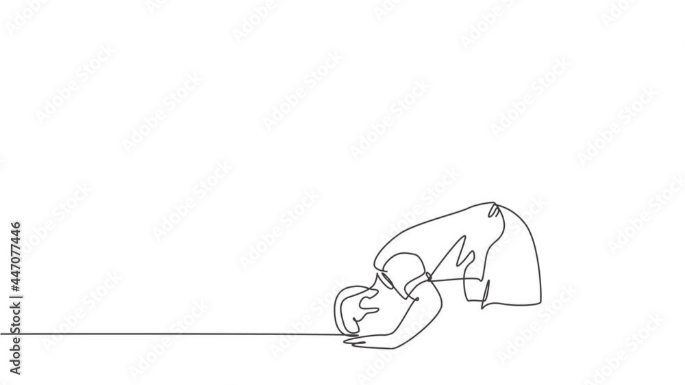 Animation of one line drawing of sporty football player celebrates his ...