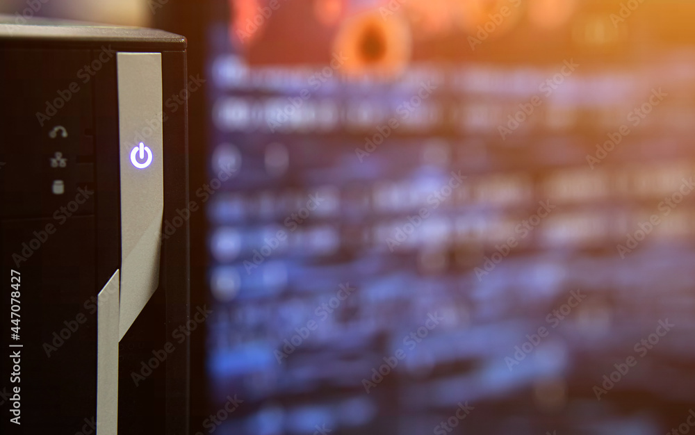 Blurred of high-performance desktop PC switches and LEDs indicating ...