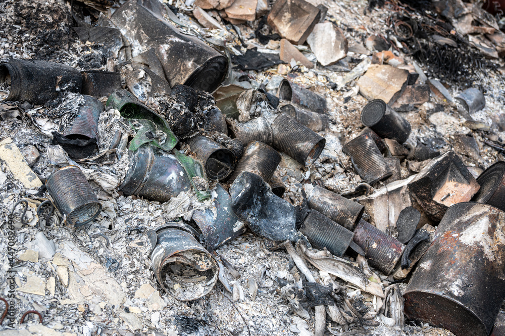 Food rubbish and tin cans burnt on a bonfire Stock Photo | Adobe Stock
