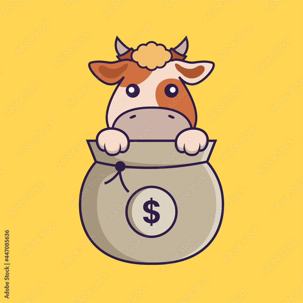 Cute cow playing in money bag. Stock Vector | Adobe Stock