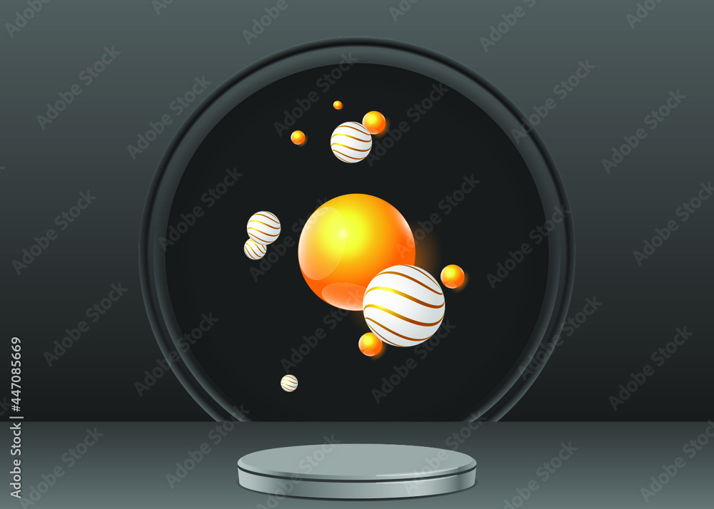 Realistic dark scene with a round pedestal and group of flying objects ...