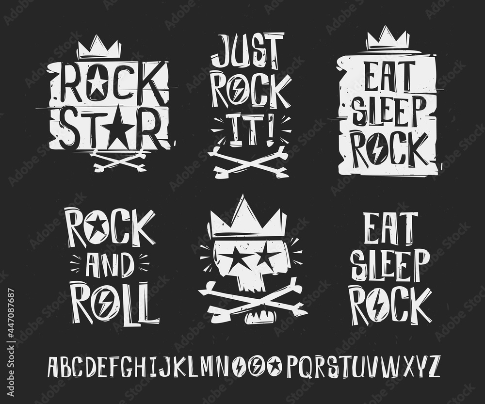 Rock'n'roll prints collection and grunge doodle style font alphabet ...