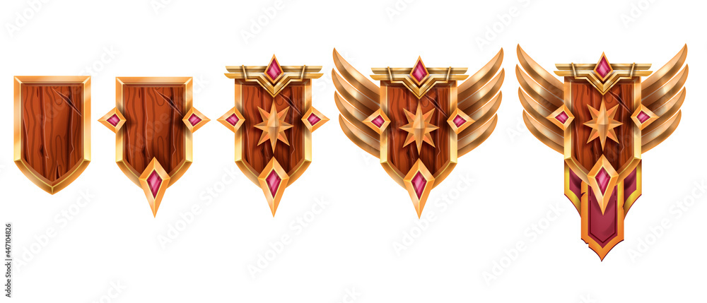 Vetor de Level up game badge set, vector rank award medal achievement ...