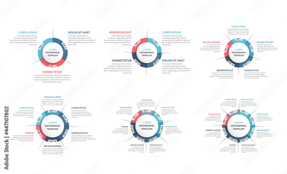 Circle diagram templates set - 3, 4, 5, 6, 7 and 8 elements, circle ...