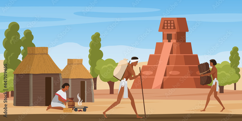 Aztec village landscape with tribe people, ancient maya civilization ...