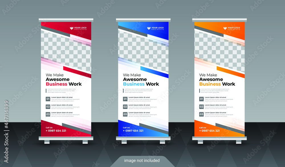 Roll up banner stand template design, blue banner layout, advertisement ...