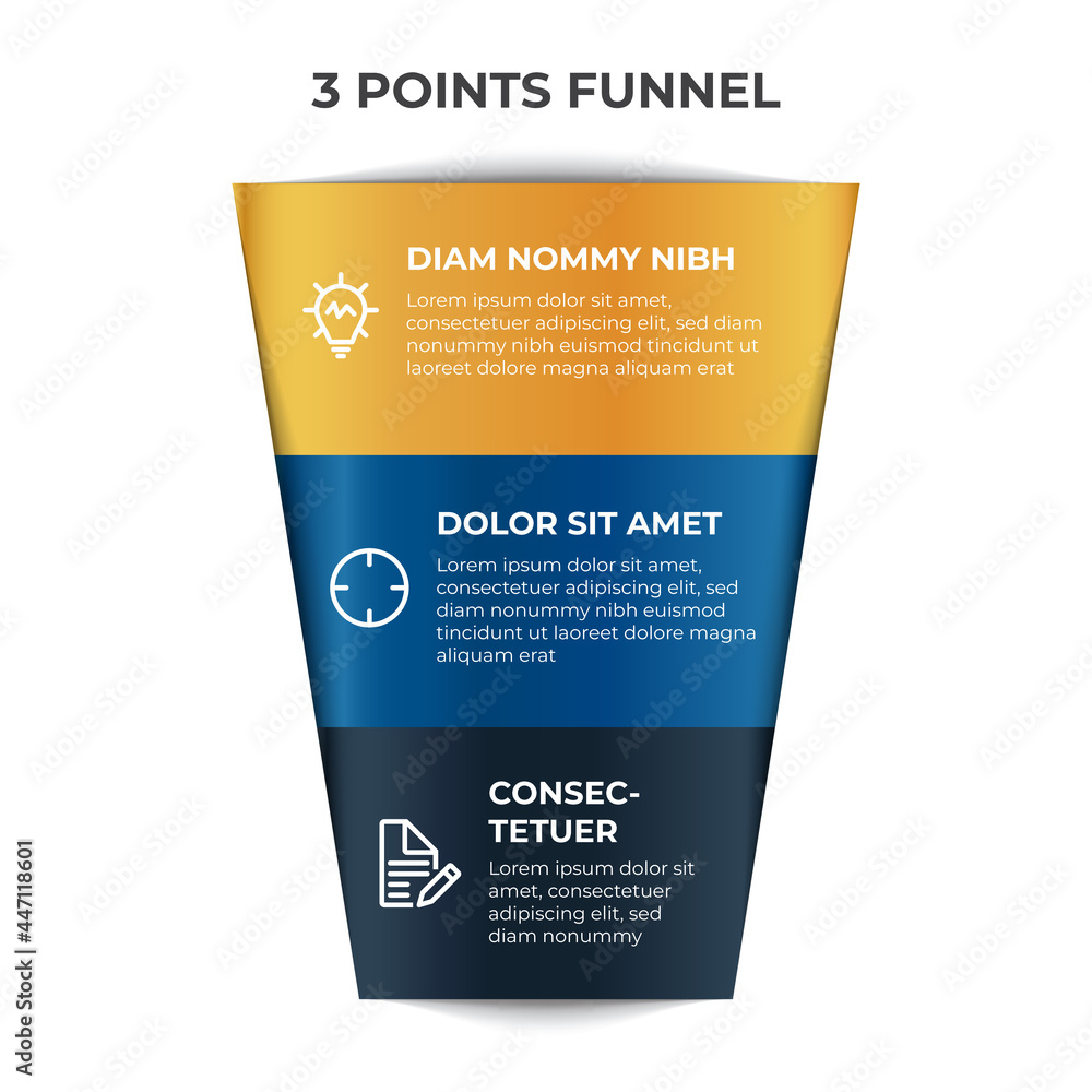 funnel chart infographic element vector with 3 points, options, list ...