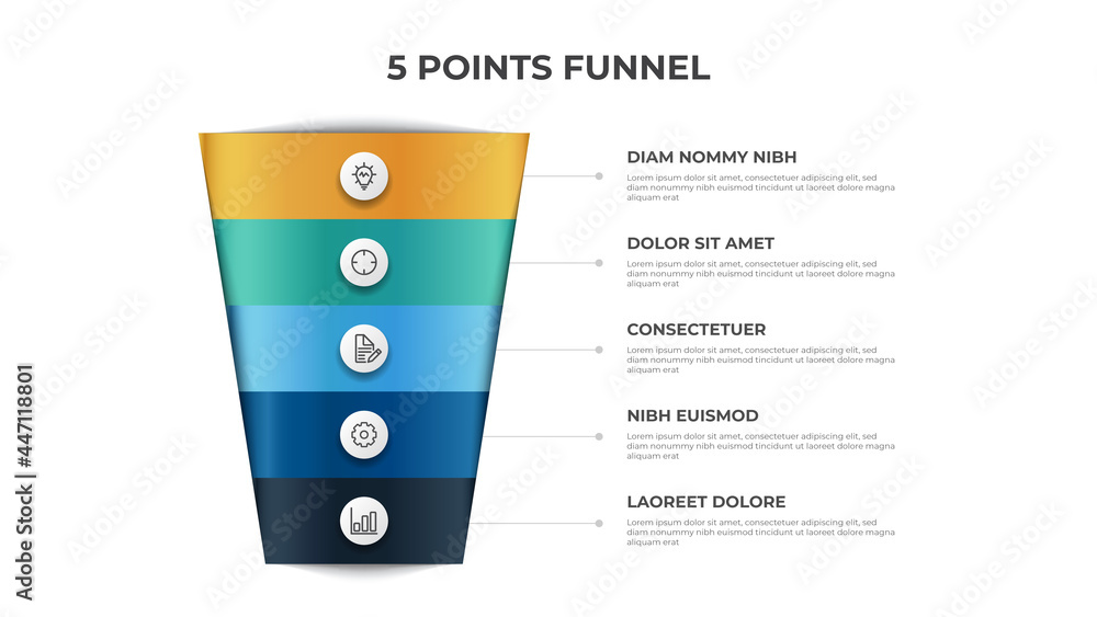 funnel chart with 5 points, infographic element template vector, can be ...