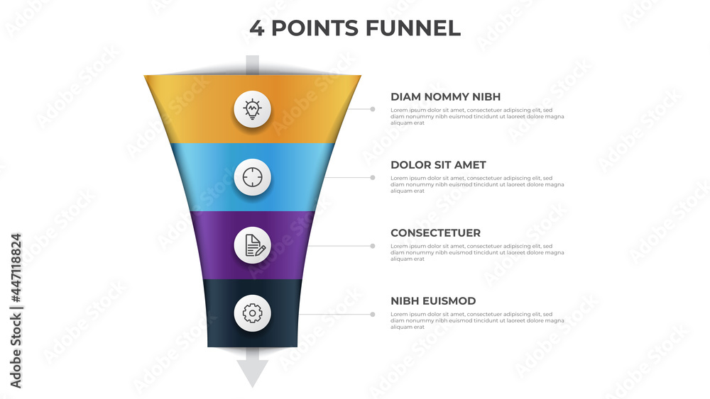 funnel arrow diagram with 4 points, options, list, infographic element ...