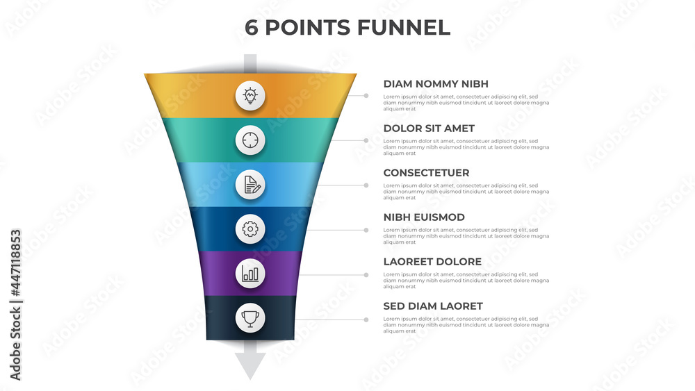 funnel arrow diagram with 6 points, options, list, infographic element ...