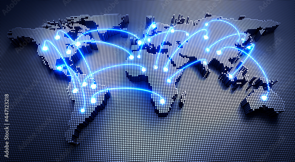 Digital silver World Map with Data Transfer Stock Illustration | Adobe ...