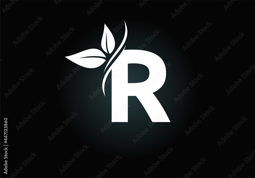 Initial R monogram alphabet with two leaves. Green, eco-friendly logo ...
