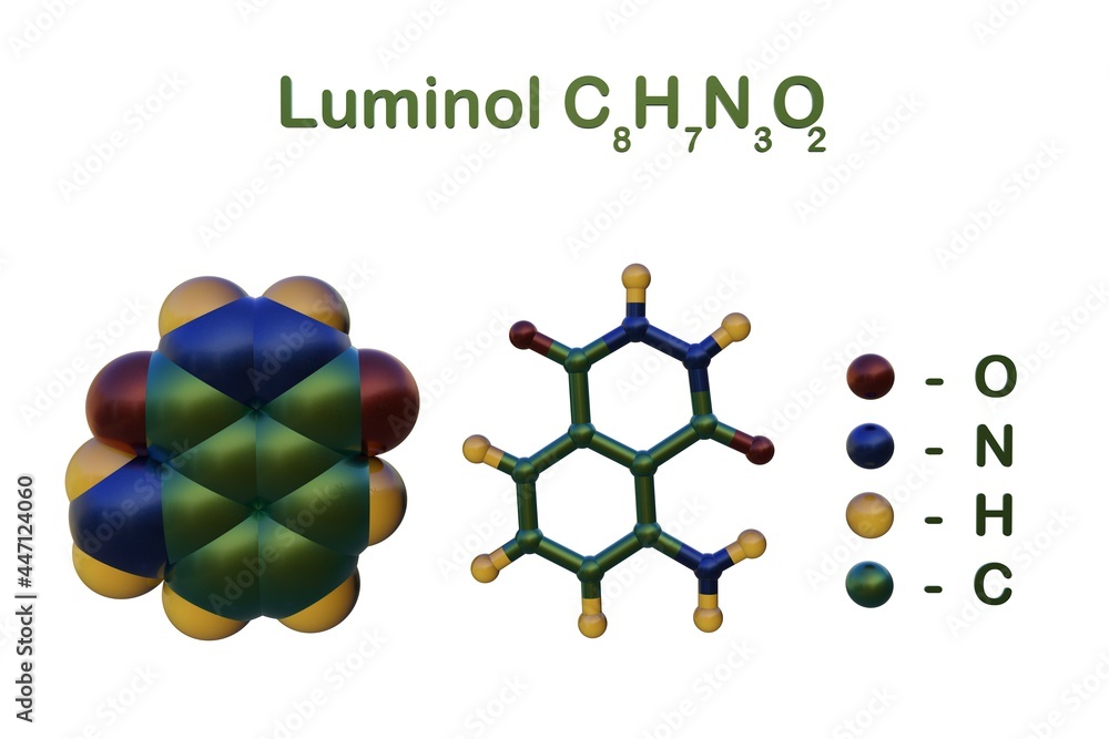 Structural chemical formula and molecular model of luminol, an organic ...