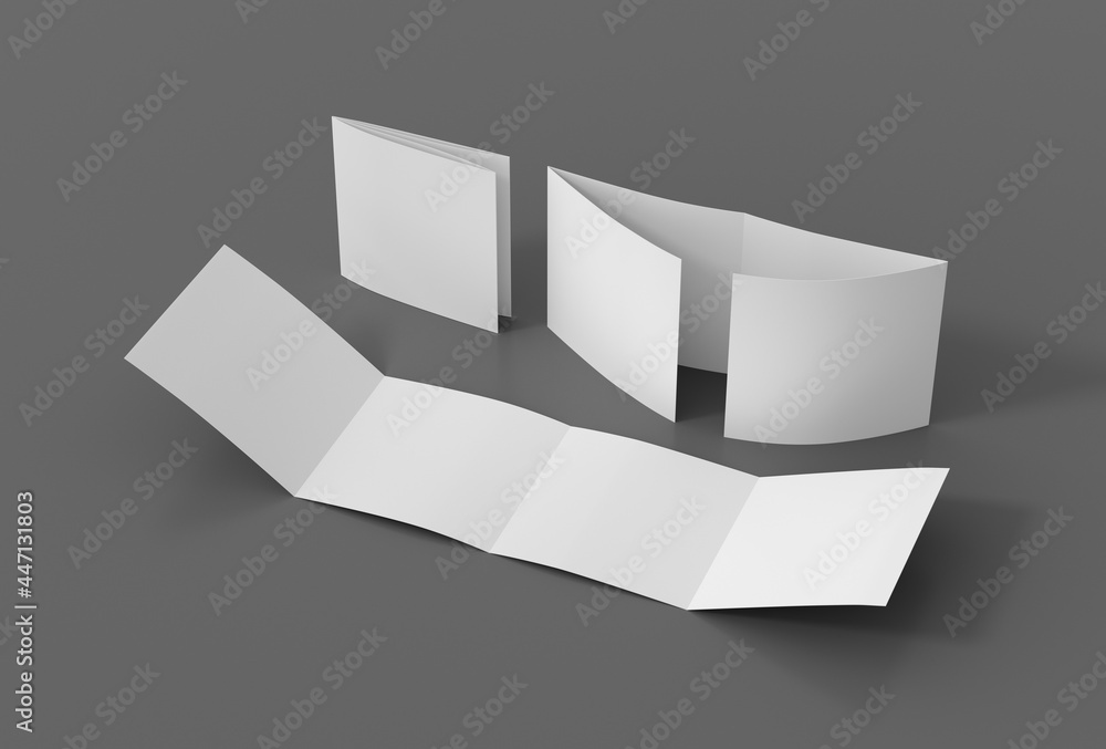 Square page zigzag or accordion fold brochure. Four panels, eight pages ...