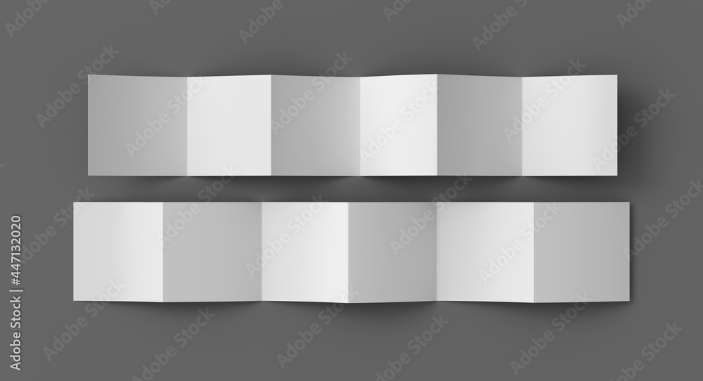 Square page zigzag or accordion fold brochure. Six panels, twelve pages ...