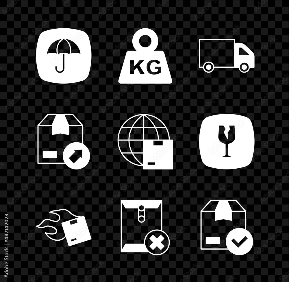 Vetor de Set Delivery package with umbrella, Weight, cargo truck, Carton cardboard box, Delete ...