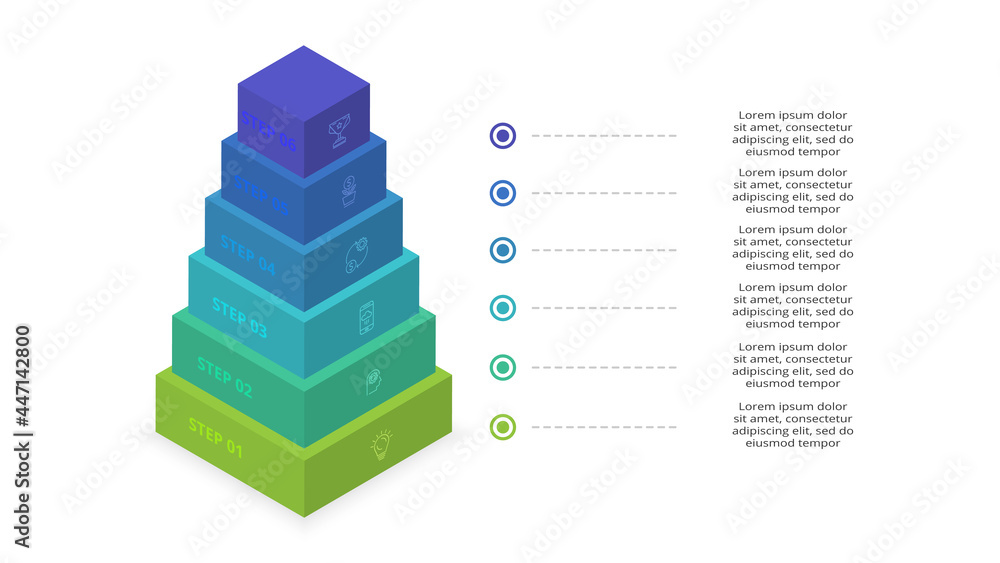 3D vector infographic pyramid, or comparison chart with 6 colorful ...